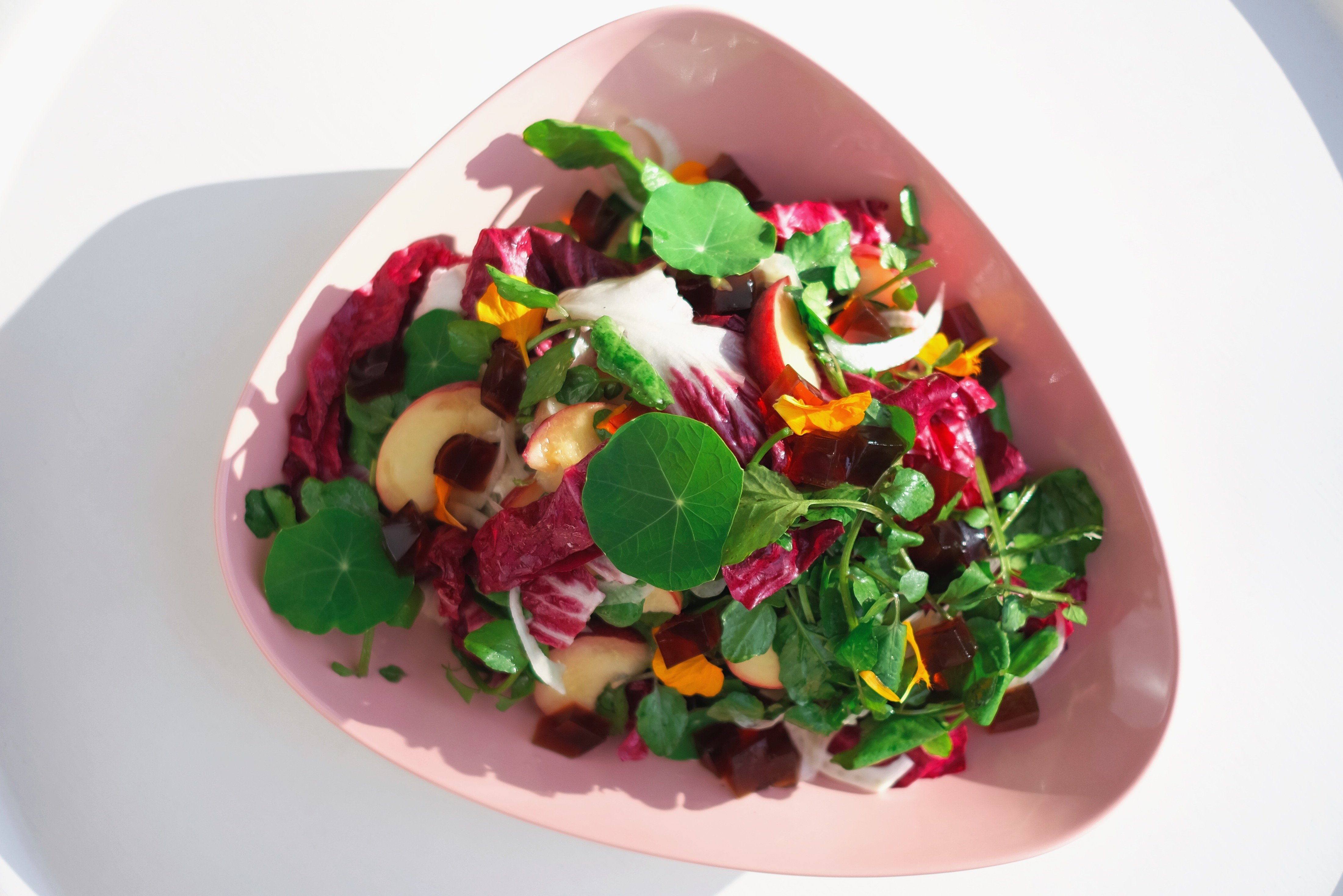 Articles Peach, radicchio and watercress salad with star anise aspic jelly